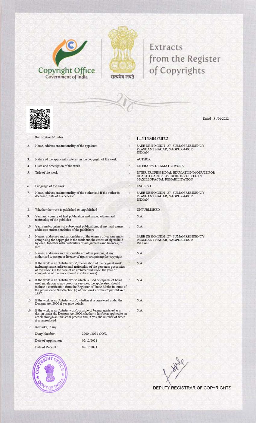 Dr. Saee Deshmukh received 3 Copyrights from Copyright Office, GoI for ...