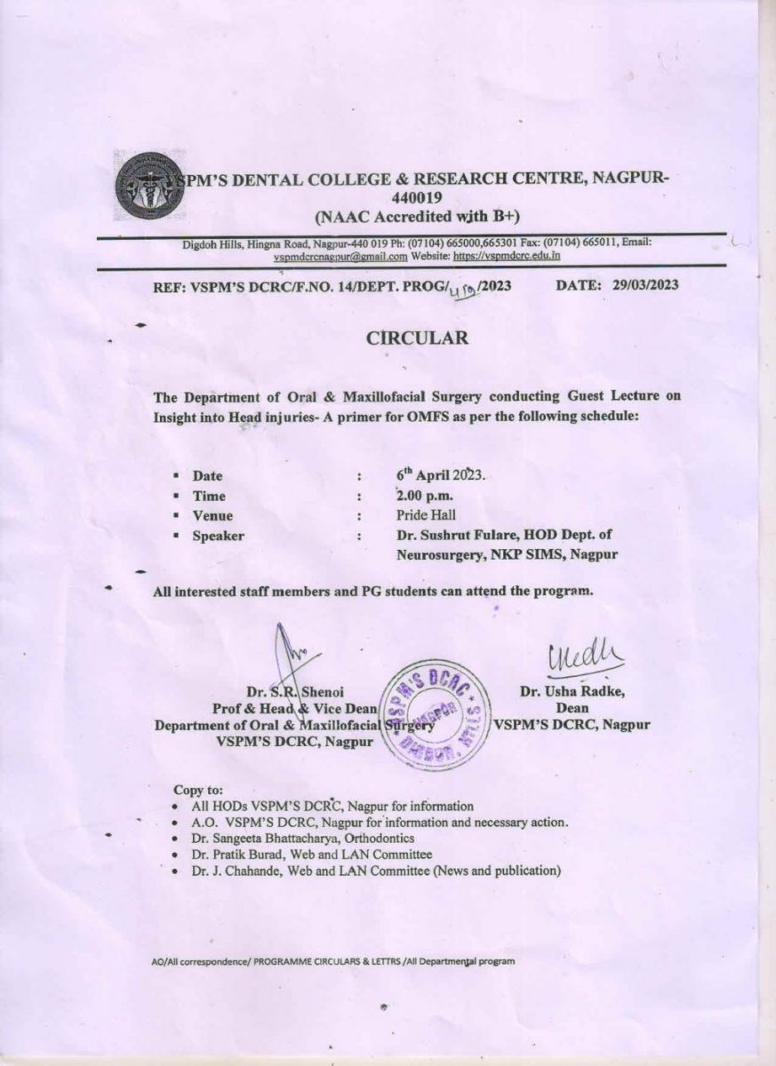 Dept. of OMFS organizing Guest Lecture on: “Insight into Head Injuries ...