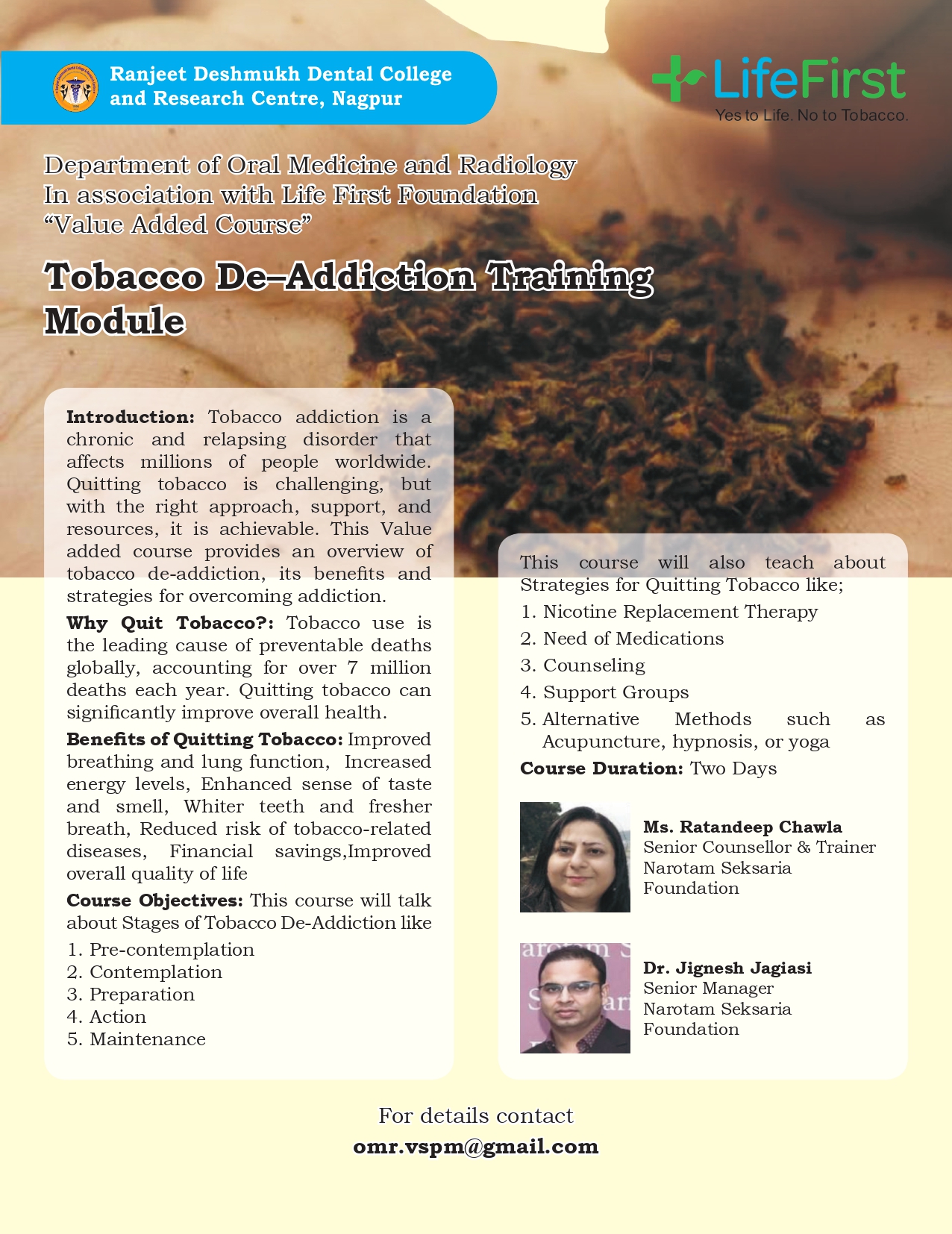 TCC Unit of OMR Dept. conducting ” Value Added Course” on “Tobacco De ...