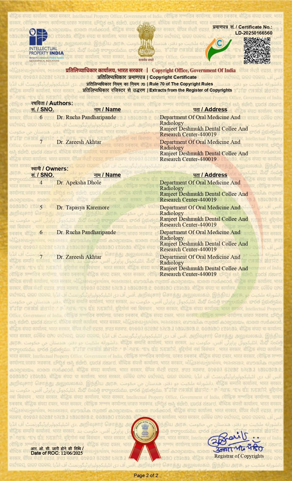 Dr. Mukta Motwani, Dr. Archita Patel, Dr. Smriti Golhar, Dr. Apeksha ...